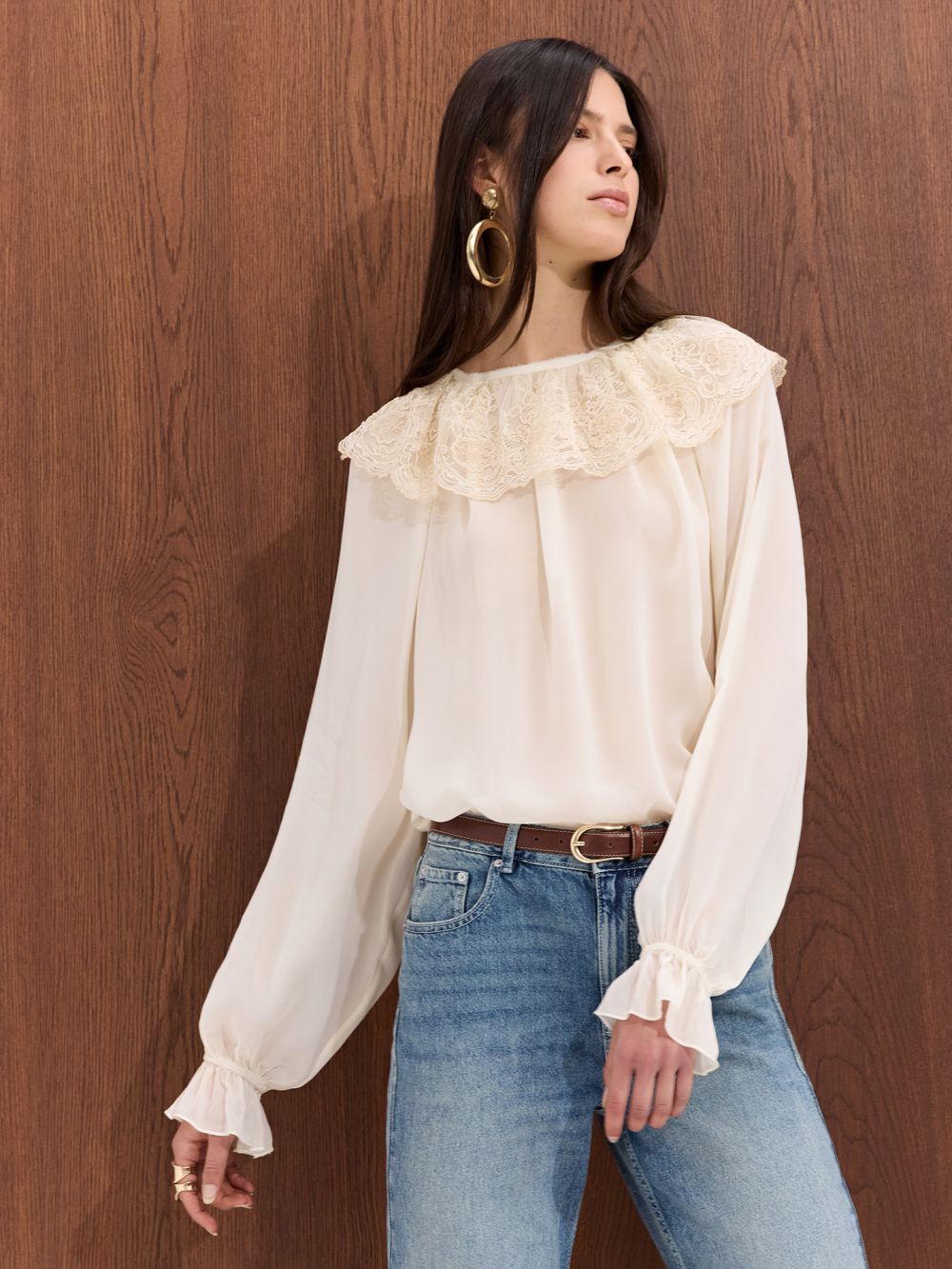 חולצת שיפון ארוכה עם צווארון | Castro